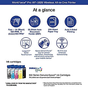 Epson Workforce Pro WF-3820 All-in-One Wireless Color Inkjet Printer, Black - Print Scan Copy Fax - 2.7" Touchscreen, 21 ppm, 4800 x 2400 dpi, 8.5 x 14, Auto 2-Sided Printing, 35-Sheet ADF, Ethernet