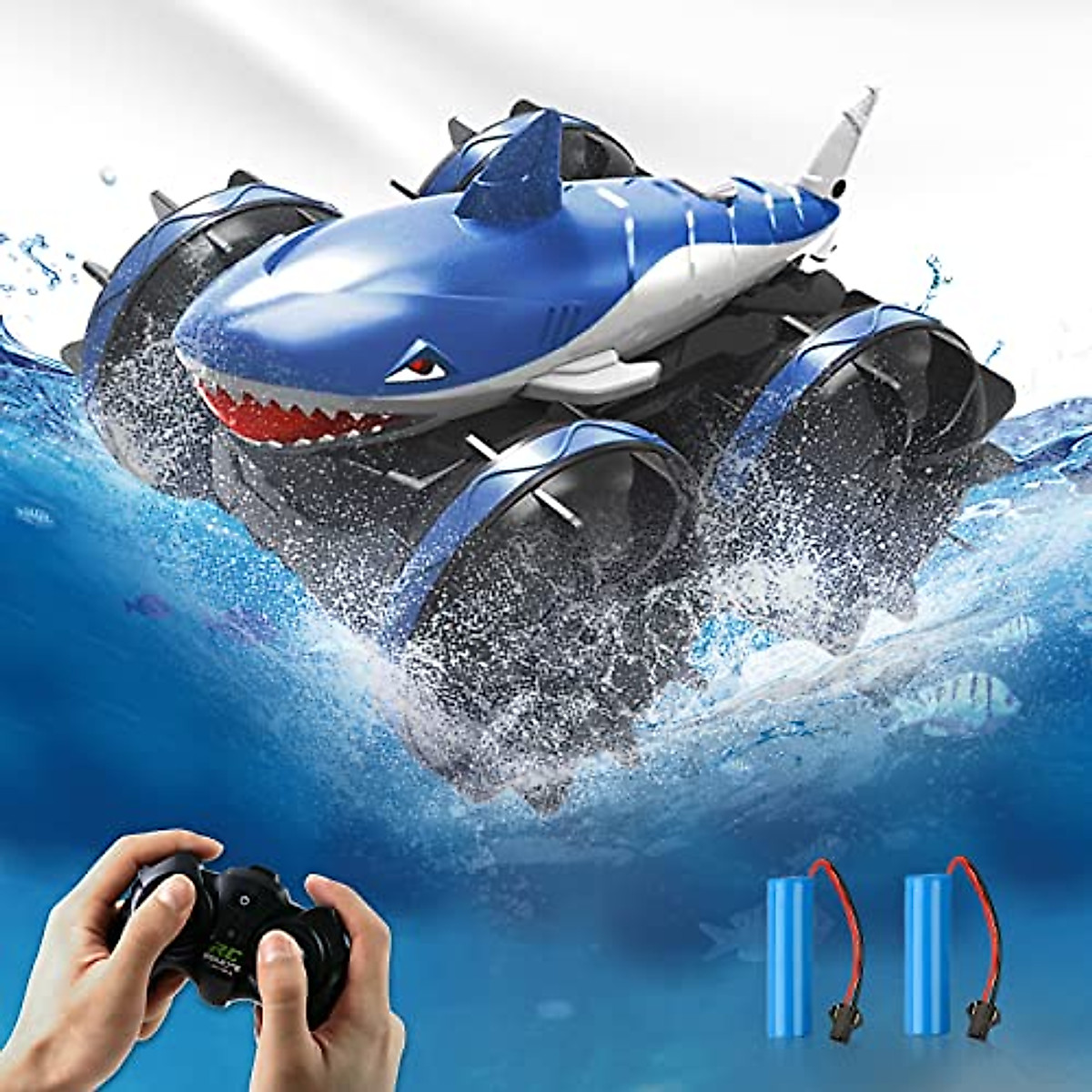 Desdoni Amphibious Remote Control Car 2.4 GHz Waterproof Off Road RC Shark Truck 4WD Stunt Car 360° Rotation All Terrain RC Truck for Adults Boys Girls Kids Gift 2Pcs Rechargeable Batteries