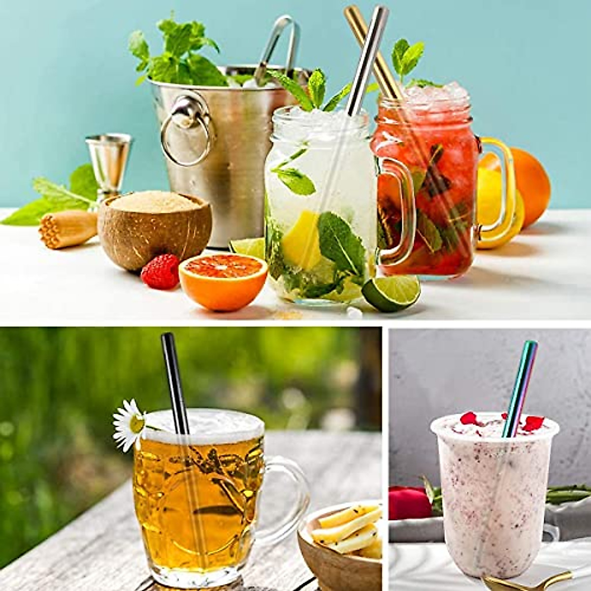 7 Pcs 8.5" Reusable Boba Drinking Straws 304 Stainless Steel Straws Set with 2 Cleaning Brushes Wide Metal Straw for Bubble Tea Milkshakes Smoothie Bar Accessory (Gold)