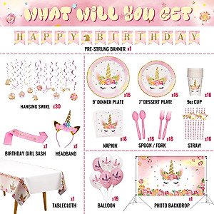 Ultimate Unicorn Birthday Decorations for Girls with Backdrop and Hanging Swirls, Plates and Napkins Party Supplies Serves 16