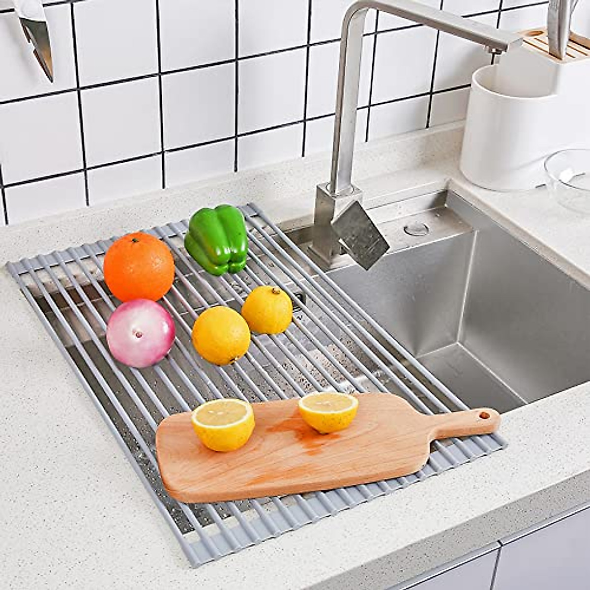 Roll Up Dish Drying Rack Drain Board Drainers, Over The Sink Dish Drying Rack for Kitchen Counter Foldable Dish Drainer Sink Rack Kitchen Organization Gadgets 17''x13'', Warm Grey