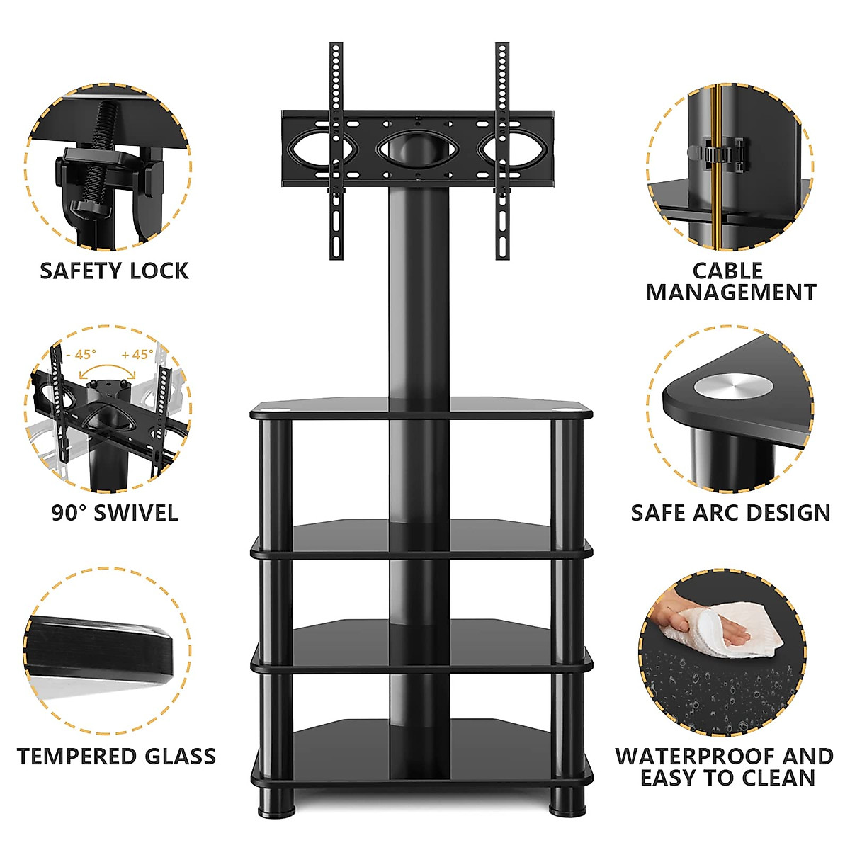 TAVR Furniture 4-Tiers Media Component TV Stand with Swivel Mount Audio Shelf and Height Adjustable Bracket, Black Floor TV Stand for 32-70 Inch LCD LED OLED Flat/Curved Screen TVs
