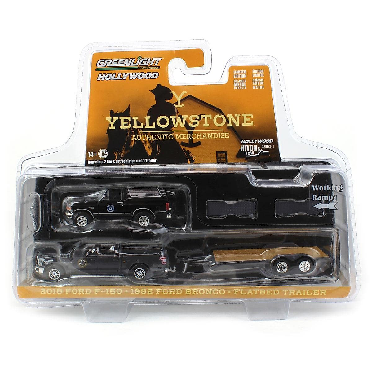 Truck 1/64 2018 Ford F-150 1992 Ford Bronco on Flatbed Trailer Montana Livestock Association Hitch & Tow 11 31150-C