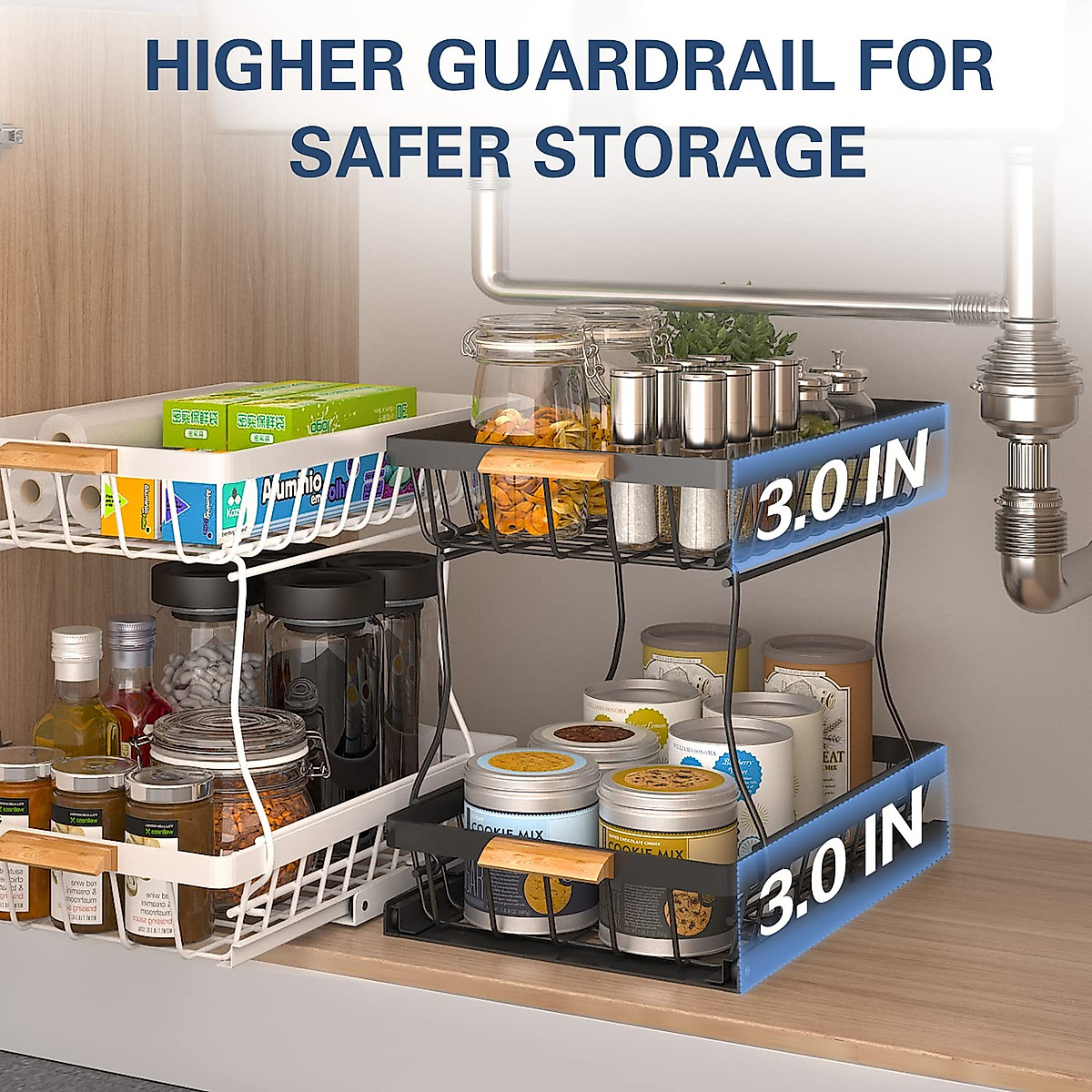 HTOH 2 Tier Under Sink Organizer with Sliding Storage Drawer, Pull Out Cabinet Organizer, Multi-purpose Slide-Out Storgae Basket with Handles for Kitchen, Bathroom