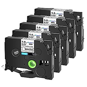 USUPERINK 5 Pack Compatible for Brother HSe-211 HSe211 HS-211 HS211 Black on White Heat Shrink Tube Label Tape for Cables and Wires (0.23''x 4.92ft, 5.8mm x 1.5m)