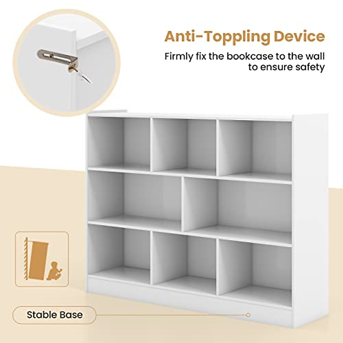 IFANNY 3 Tier Bookcase, Modern Bookshelf with 8 Storage Cubes, Wood Storage Cube Shelves, Small Bookshelves for Small Spaces, Book Shelf for Bedroom, Living Room, Home Office (White)
