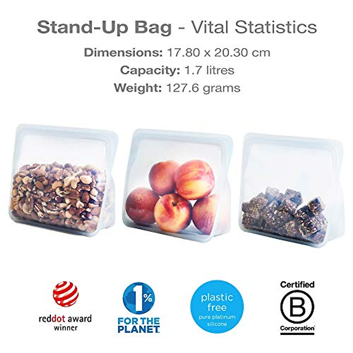 Stasher Re-Usable Food-Grade Platinum Silicone Stand Up Bag for Eating from/Cooking, Freezing and Storing in/Organising/Travelling, 17.80 x 20.30 cm/1.65 Litre/56 Fluid Ounces, Clear