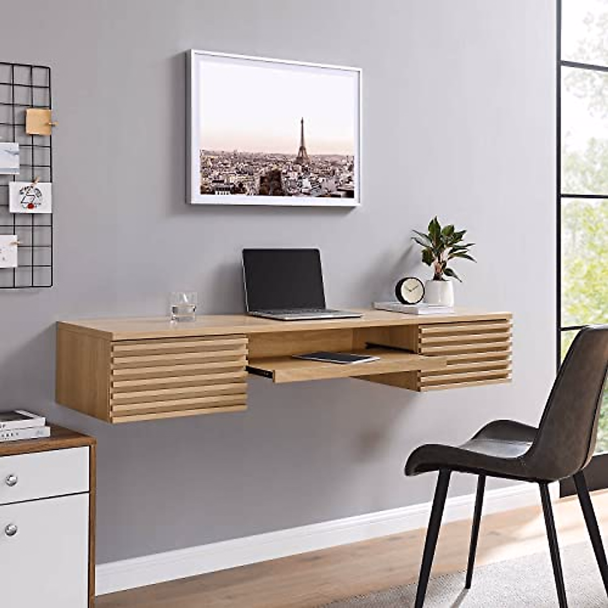 Modway Render Mid-Century Modern, Wall Mount Office Desk, Oak