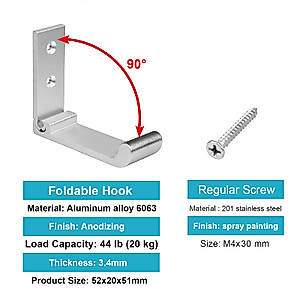 heneng 10 Pack 2" Silver Folding Coat Hook with Screws, Aluminium Alloy Foldable Hooks No Rust Wall Mounted for Keys, Towel, Hat, Bags, Headphones Holder, Headset Wall Hanger, Max.Load 44lb.