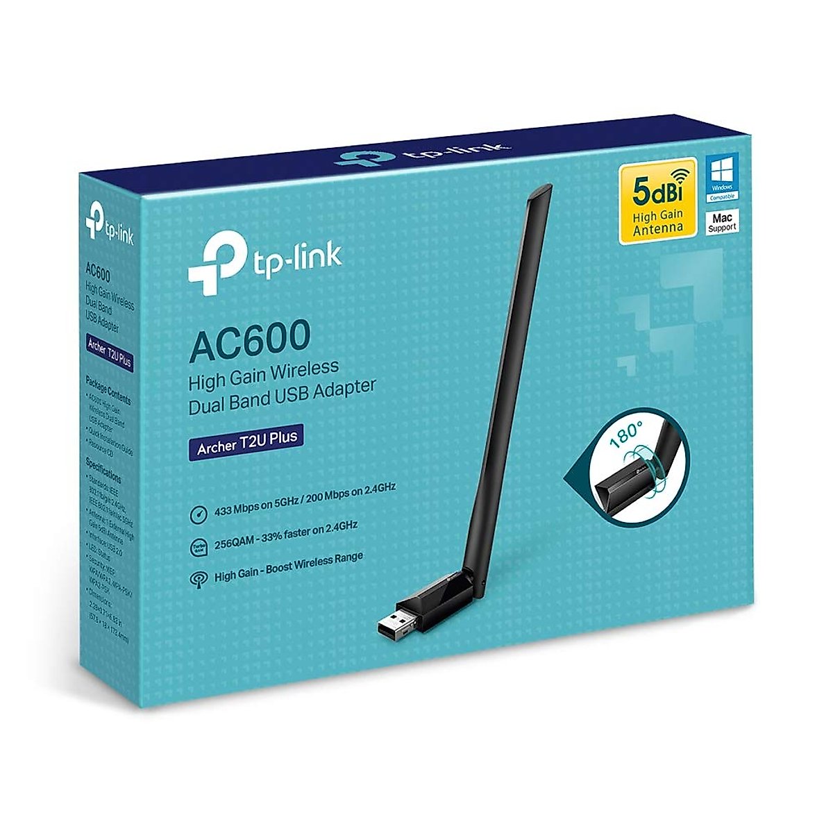 TP-Link Archer T2U Plus AC600 High Gain Dualband USB WLAN Adapter with 5dBi Antenna (up to 433 Mbit/s to 5GHz and 200 Mbit/s to 2.4GHz, Compatible with Windows 10/8.1/8/7 / XP and Mac OS X)