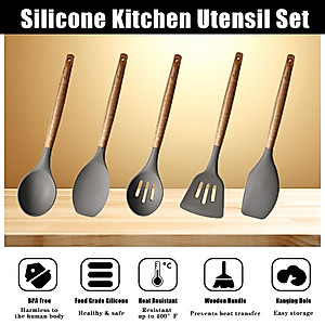 Miusco Non-Stick Silicone Kitchen Utensils Set with Natural Acacia Hard Wood Handle, 5 Pieces, Grey, BPA Free, Baking, Serving and Cooking Utensils