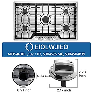 Upgraded A03546301/02/03 5304525746 5304504839 Gas Cooktop Knobs for Frigidaire Stove, Laser Engraving Sign Knob for Frigidaire Cooktop FFGC3026SS FFGC3626SS (Long Stem, Size:2.24IN, Material:ABS749)
