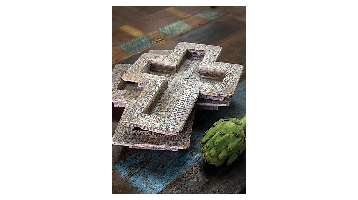 Kalalou Whitewashed Wooden Cross Tray Set of 2