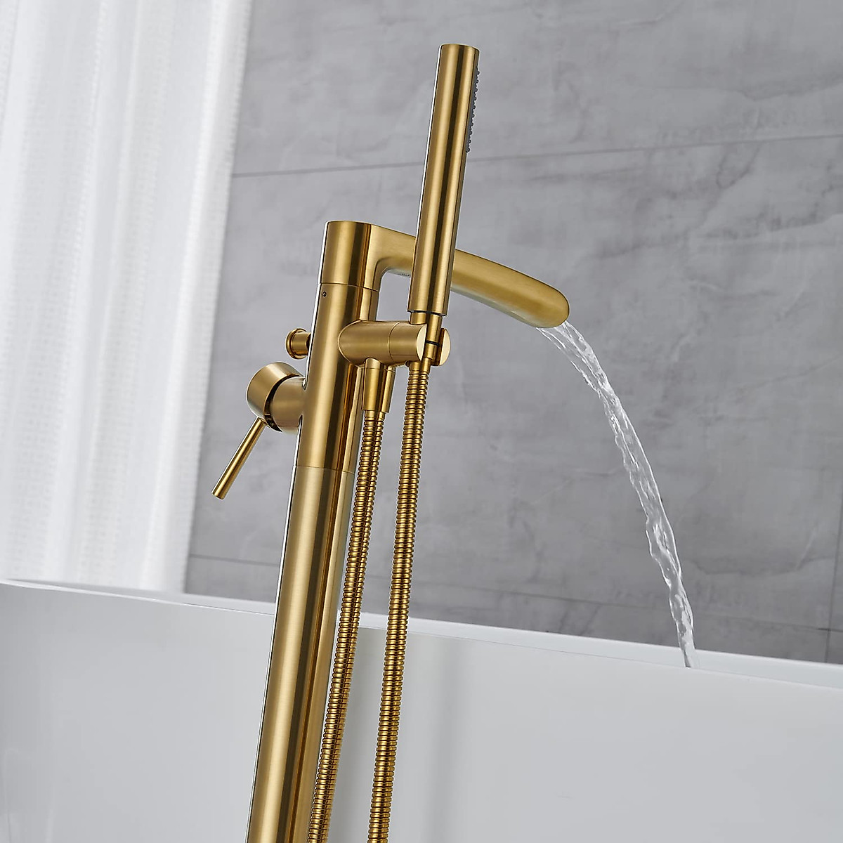 Qinkell Freestanding Tub Faucet Waterfall Bathtub Filler Brushed Gold Floor Mount Brass Bathroom Faucets with Hand Shower