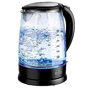 Willz Electric Glass Kettle with Heat Resistant Handle and Cordless Pour, Quick Boil & Auto Shut-Off Technology, Blue Boil Light, 1.7L, 1500 W, Black