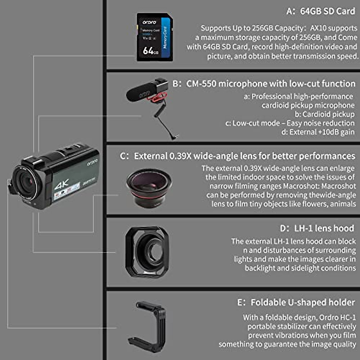 ORDRO 4K Camcorder Video Camera New 1080P 60FPS 30X Digital Zoom Vlog Camera IR Night Vision WiFi Camcorder with Mic, Wide Angle Lens, Handheld Holder, 64GB SD Card