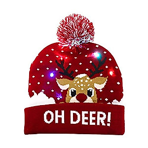 OurWarm LED Christmas Hat, Light Up Christmas Hat Unisex Red Knitted Beanie Holiday Hat with Deer Printing for Party Christmas Gifts