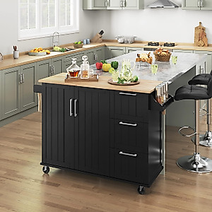 Yaheetech Kitchen Island Cart with Drop-Leaf Countertop, Rolling Kitchen Island Breakfast Bar Table on Wheels with Storage Cabinet & 3 Drawers & Spice Rack for Dinning Room, 53 Inch Width, Black