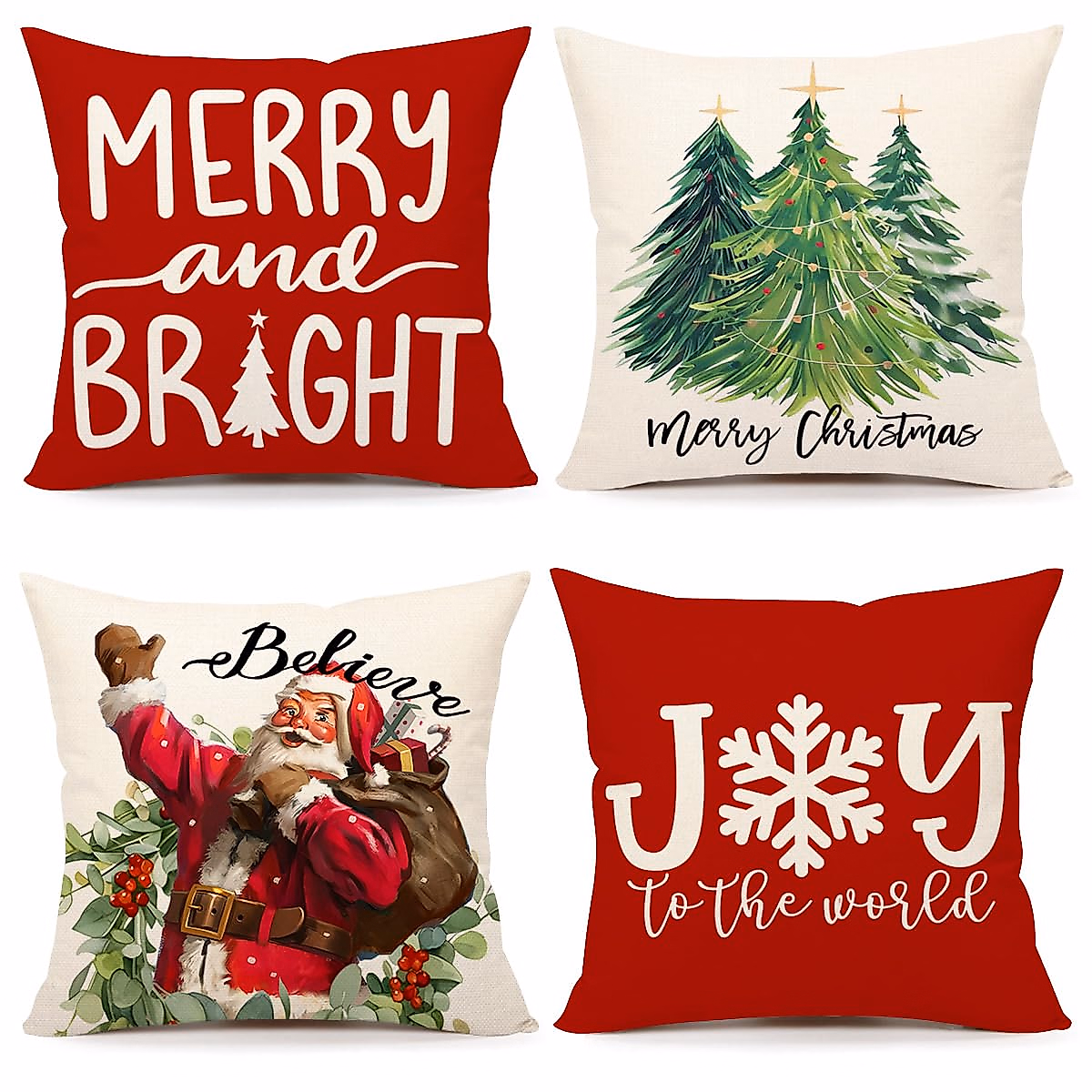 4TH Emotion Christmas Pillow Covers 18x18 Set of 4 Farmhouse Christmas Decorations Merry Christmas Tree Santa Claus Winter Holiday Decor Throw Cushion Case for Home Couch S23C08