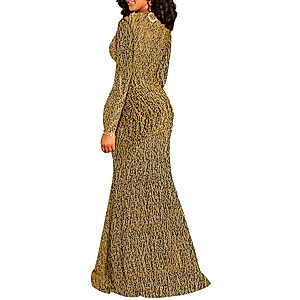 Women's Sexy Long Sleeve Sparkly Maxi Dress V Neck High Slit Wrap Formal Gown Cocktail Glitter Maxi Long Dresses Gold