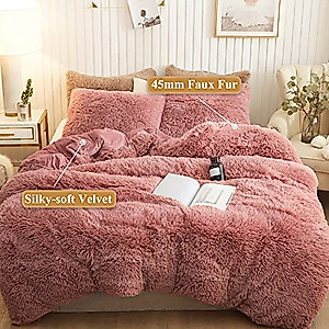 XeGe Plush Shaggy Duvet Cover, Luxury Ultra Soft Crystal Velvet Fuzzy Bedding 1PC(1 Faux Fur Duvet Cover), Fluffy Furry Comforter Cover with Zipper Closure(Queen, Old Pink)
