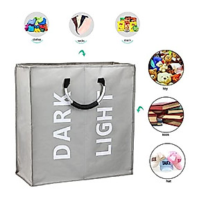 Hampers for Laundry 2 Compartment, Narrow Laundry Basket with Handle, Hampers for Clothes,Baby Laundry Separator Hamper,Foldable Hamper with Divider Hamper for Dorm Room, Grey