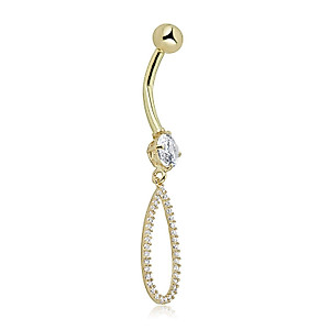AVORA 10K Yellow Gold Simulated Diamond CZ Open Teardrop Dangling Belly Button Ring Body Jewelry (14 Gauge)