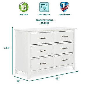 Dream On Me Universal Double Dresser in White, Kids Bedroom Dresser, Six Drawers Dresser, Mid-Century Modern, Made of Solid, Sustainable Pinewood, Easy Assembly