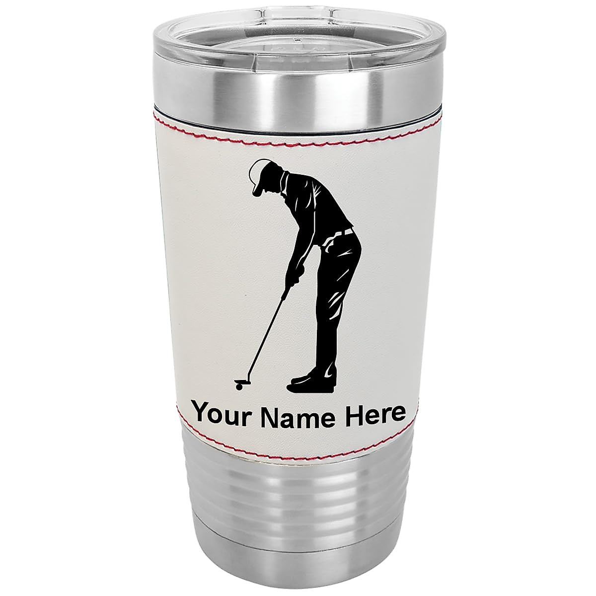 LaserGram 20oz Vacuum Insulated Tumbler Mug, Golfer Putting, Personalized Engraving Included (Faux Leather, Baseball Style)