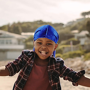 2 Pieces Velvet Baby Durags Kids Durag Caps 360 Wave Wide Strap Headwraps Long Tail Turban Beanies for Boys Girls (Black, Royal Blue)