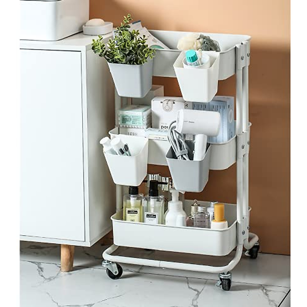 5 Piece Hanging Cup Holder,Trolley Storage Basket,Trolley Accessories,4.75x4"Hanging Pen Holder,Hanging Bucket,Plant Container,Storage Bucket,Makeup Pencil Holder White