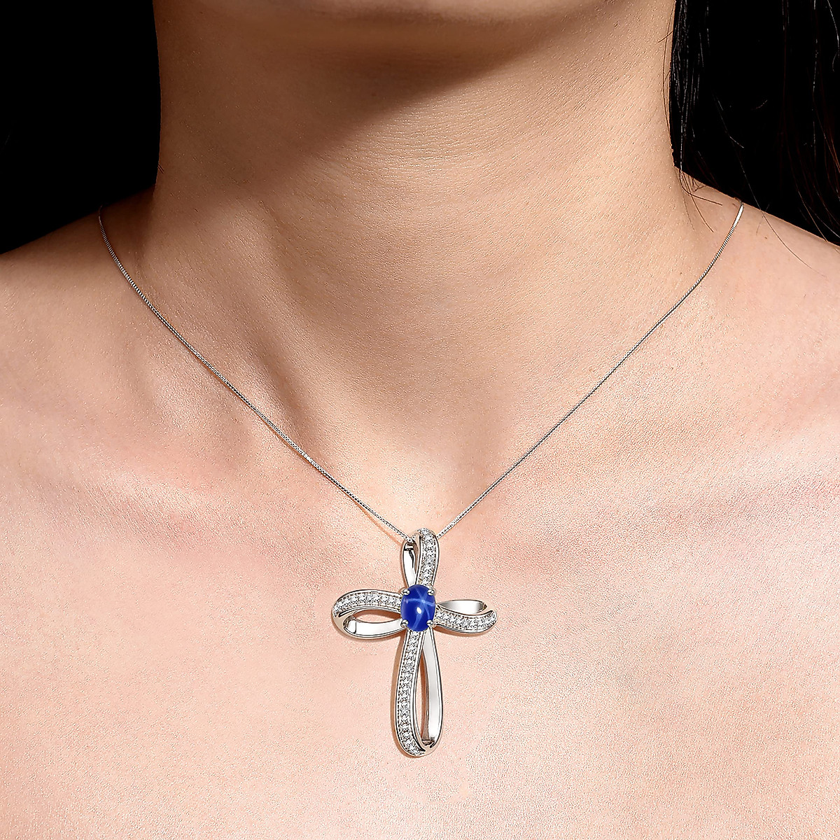 Rylos Necklace Sterling Silver Cross Necklace Gemstone & Diamonds Pendant With 18" Chain 8X6MM Blue Star Sapphire September Birthstone Womens Jewelry Silver Necklace