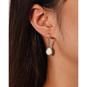 October Birthstone Earrings FANCIME Sterling Silver White Opal Teardrop Dangle Earrings Dainty Pear Shaped Hook Earrings Opal Jewelry for Women