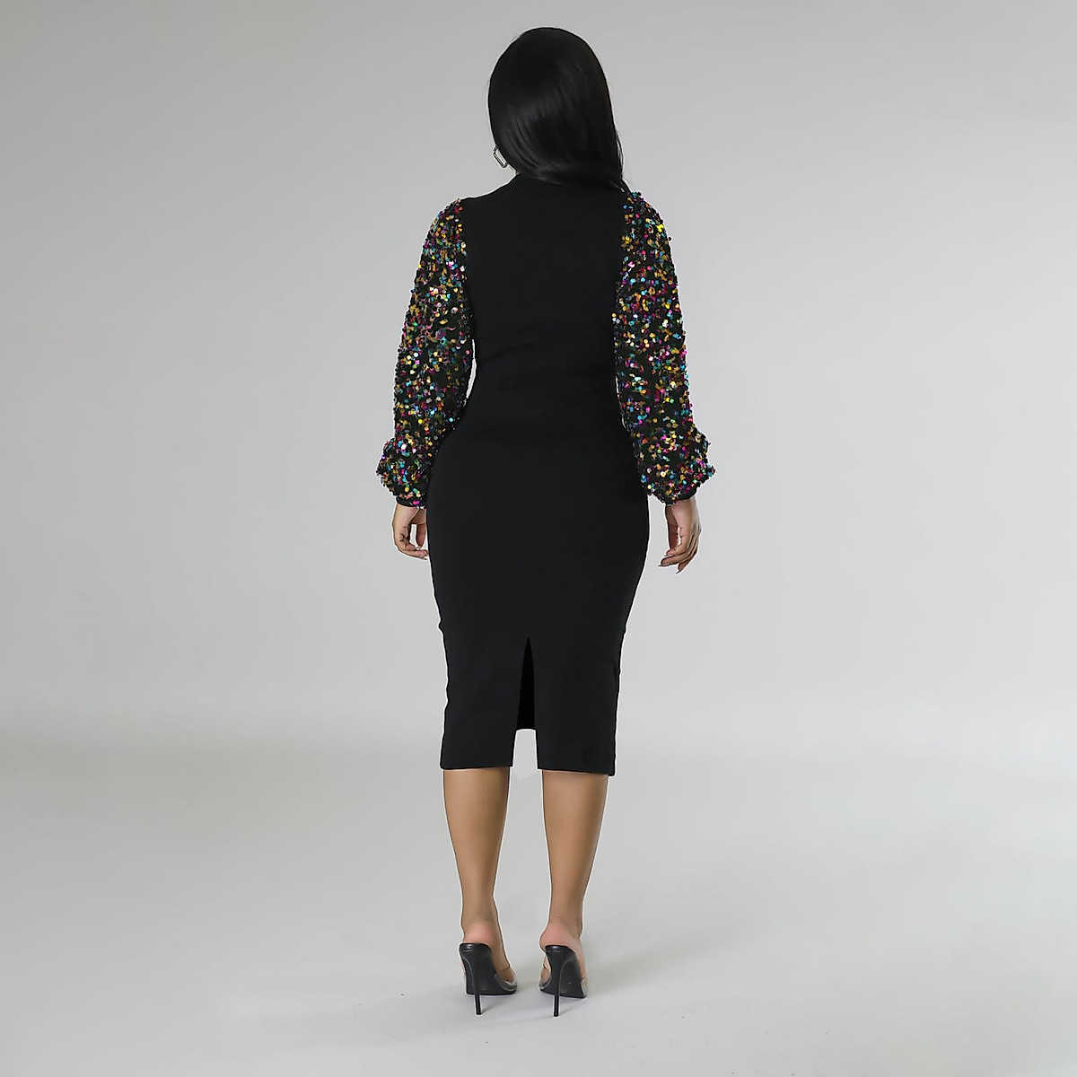 Sexy Black Dress for Women Party Club Night Dress Crewneck Sequin Long Sleeve Bodycon Midi Dress Black S