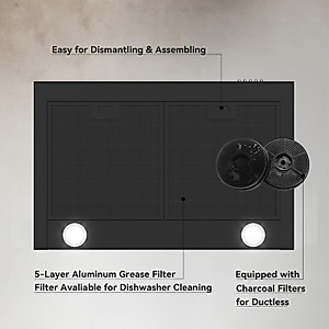 Hermitlux Range Hood 30 inch, Wall Mount Vent Hood for Kitchen with Charcoal Filter, Range Hoods with Ducted/Ductless Convertible, Black