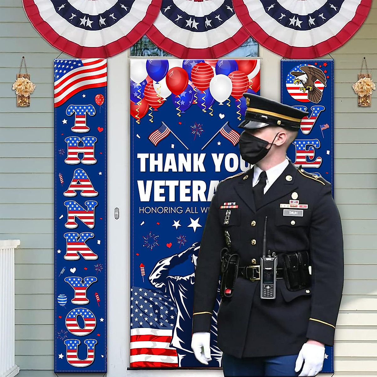 3pcs Memorial Day Decorations Banner Decorations Thanks You Veterans Porch Sign Banner Door Cover Decorations for Welcome Hanging Home Outdoor Indoor Wall Decor