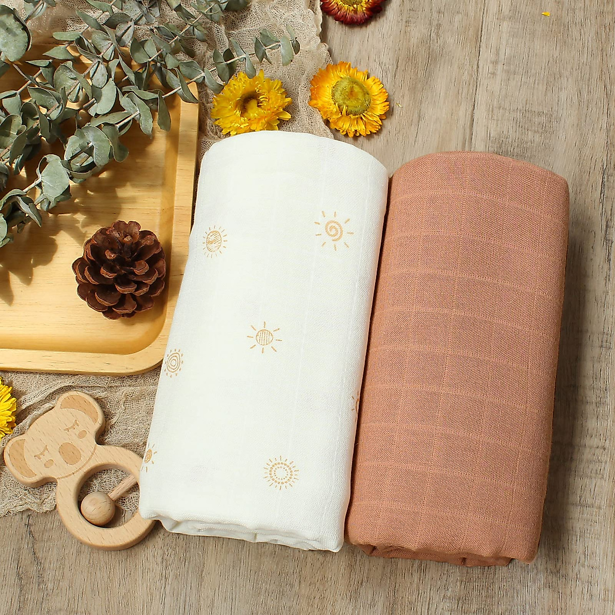 LifeTree Baby Muslin Swaddle Blankets, 100% Organic Cotton, Large 47 x 47 inches, Sunshine Print Muslin Swaddling Blanket for Boys & Girls