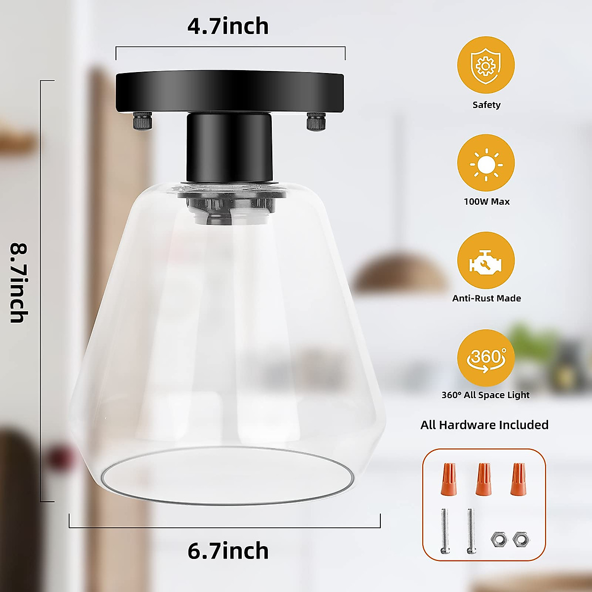 2-Pack Modern Industrial Semi Flush Mount Ceiling Light with Clear Glass Shade, Black Farmhouse Ceiling Light Fixtures for Hallway Bedroom Porch Kitchen Corridor, E26 Socket, Bulbs Not Included