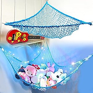 Corner Stuffed Toy Hammock with LED Light, Corner Plush Toy Net Holder, Stuffed Animals Hanging Storage Net, Hanging Toy Net Hammock for Nursery Play Room Bedroom(Blue)