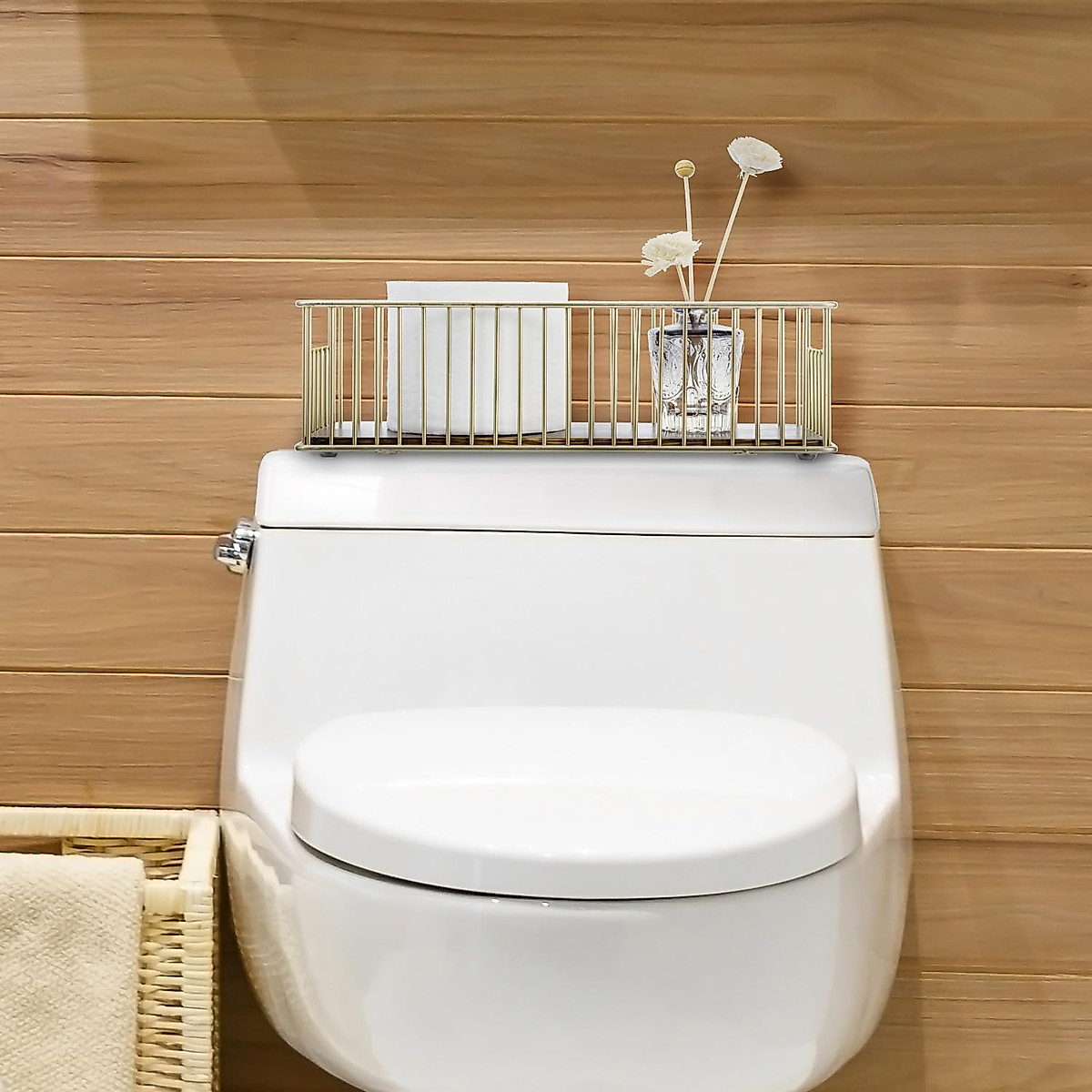 MyGift Modern Brass-Tone Metal Wire Toilet Paper Holder Basket with Rustic Burnt Solid Wood Base, Toilet Tank Topper Organizer Tray Bathroom Sink Counter Toiletries Storage