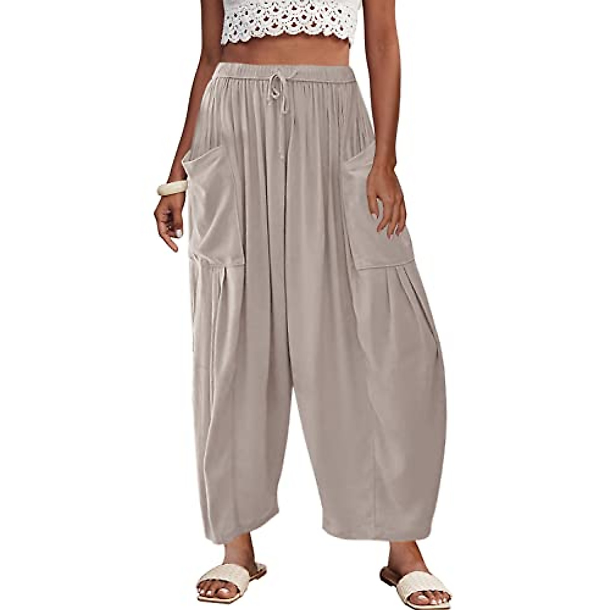 SENSERISE Womens High Waisted Linen Palazzo Pants Wide Leg Lounge Beach Harem Pants Baggy Trousers with Big Pockets(Light Grey,XL)