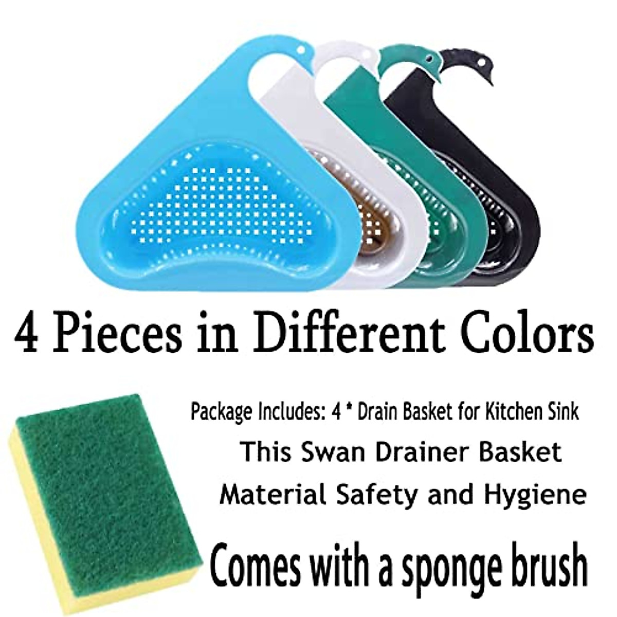 JJYDX 4 PCS Swan Drain Basket for Kitchen Sink, Multifunctional Household Swan Drain Basket for Sink, Swan Basket for Kitchen Sink Easy to Disassemble Fits All Sinks (One Reusable Sponge) (4 PCS)