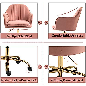 HOMHUM Desk Chairs with Wheels, Home Office Chair Mid-Back Velvet Office Chair Adjustable Cute Chair with Side Arms and Gold Metal Base for Living Room, Bedroom, Home Office, and Vanity Room (Pink)