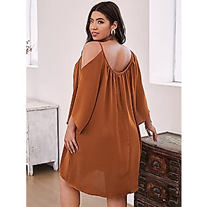 SOLY HUX Women Plus Size Summer Dress Cold Shoulder Short Sleeve Casual Loose Short Dresses Brown 1XL