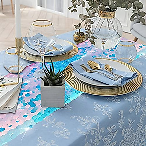 Mermaid Party Table Runner 12 x 84 Inches Mermaid Tail Scales Table Runner Glitter Holographic Sequin Table Cover for Ocean Under The Sea Party Decorations Mermaid Party Supplies (1)