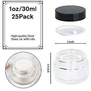 1oz Glass Jar with Lid, Hoa Kinh 25Pack Clear Round Containers Cosmetic Glass Jars with Inner Liners and Black Lids Travel Jars for Storing Lip and Body Scrub, Lotion, Body Butter, Bath Salts, Liquid