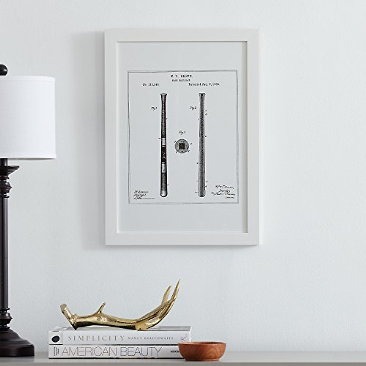 Amazon Brand – Stone & Beam Modern Gold Print of 1885 Baseball Bat Patent Wall Art, White Frame, 15" x 21"