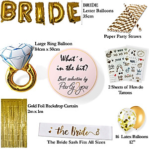 PARTY2YOU Bachelorette Party Gold Decorations | Bridal Shower Supplies Kit - Bride Sash, XL Ring Balloon, Gold Curtain, BRIDE, Latex Balloons, eco Friendly Gold Straws