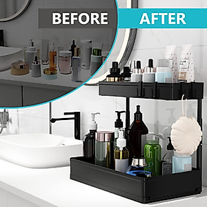 PUWEER 2 Pack Pull-out Under Sink Organizers and Storage, Under Kitchen Bathroom Cabinet Organizer with Hooks, Adjustable Height Multi-purpose Under Sink Shelf Organizer