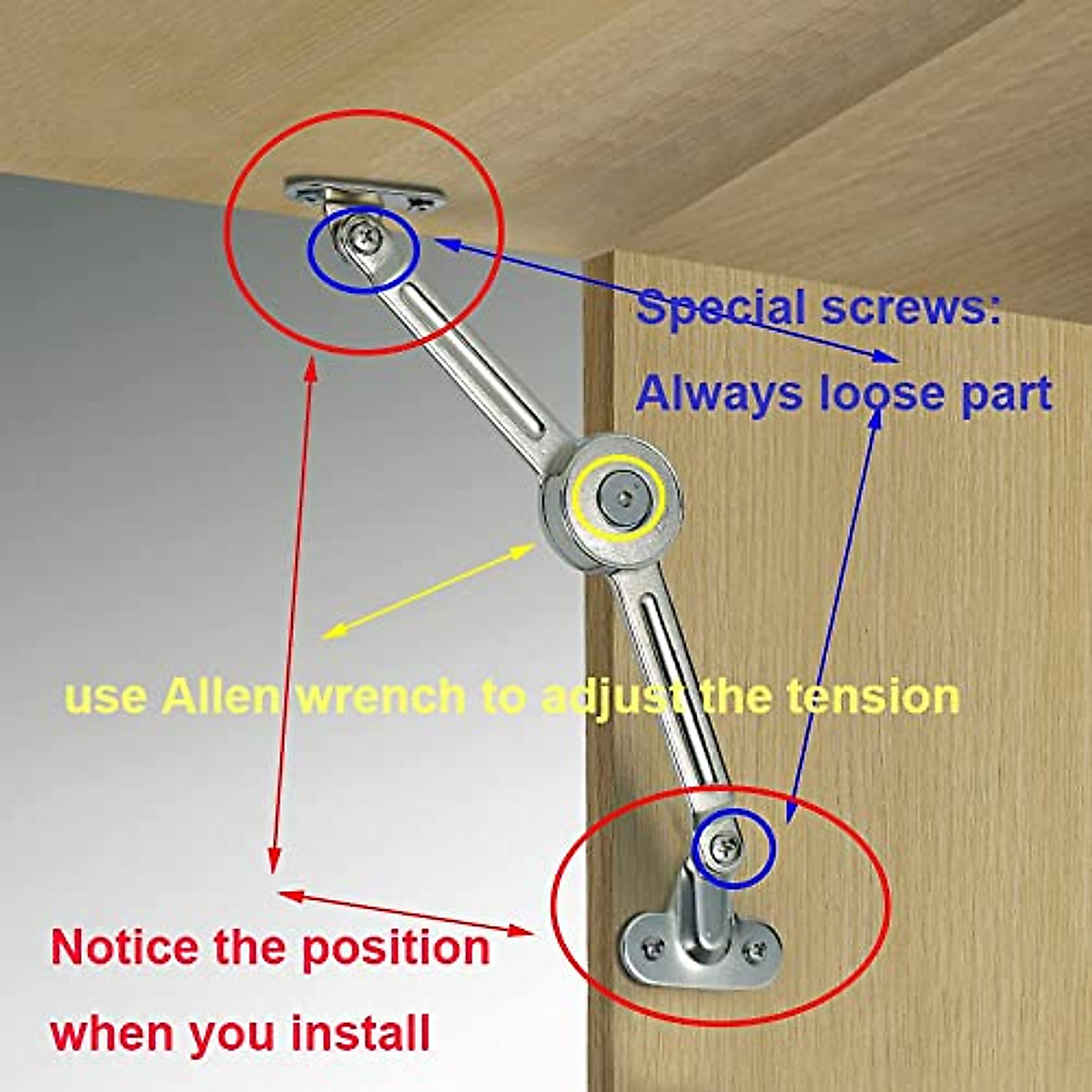 2 Packs [Upgraded] Qrity Cabinet Cupborad Furniture Door Lift Stay Support Hinge Damper - Support Up to 20KG - Opening Angle 75°/90°/110° - Come with Hex Key